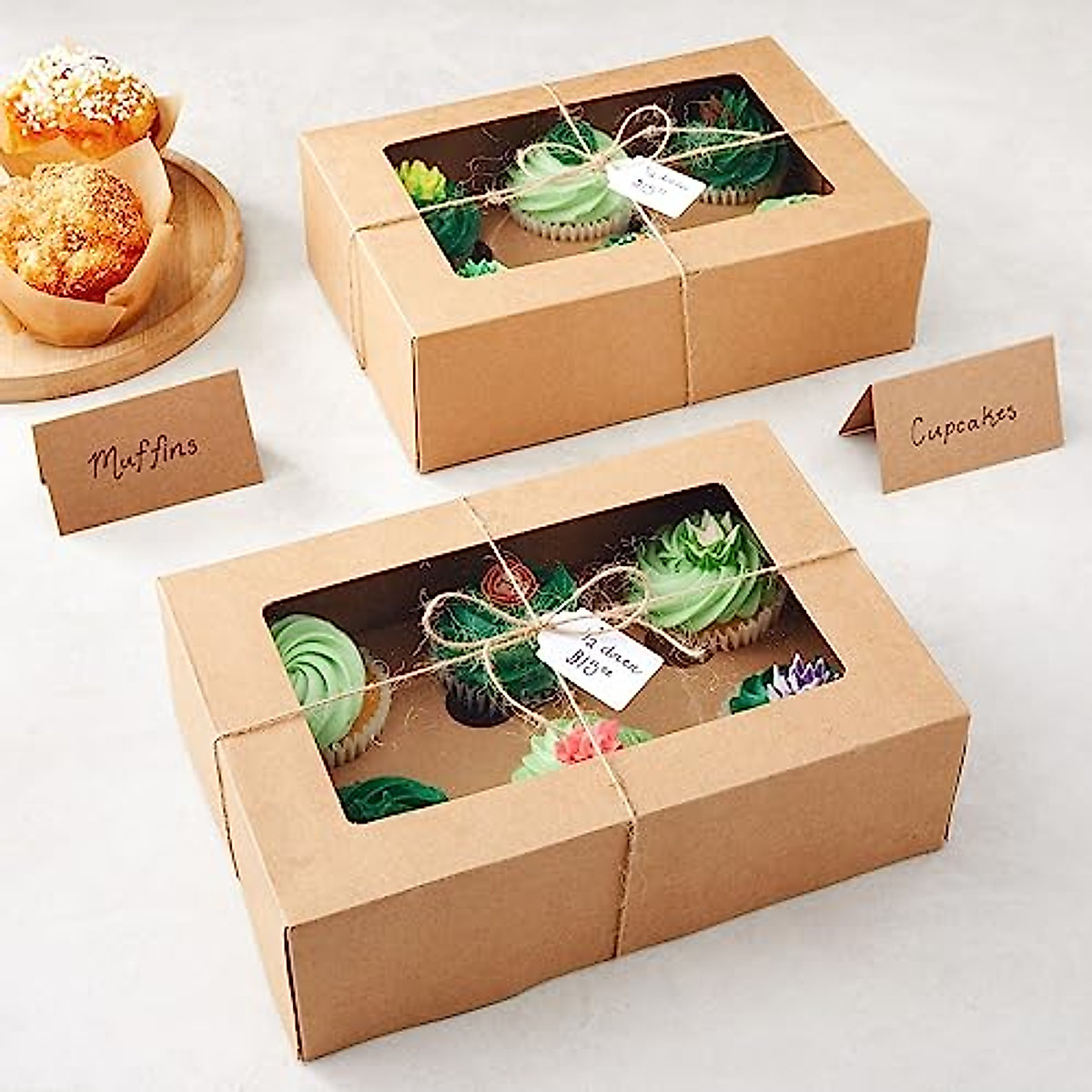 Juvale 24 Pack Cupcake Containers with Windows, 6 x 6 Boxes with 4 Count Inserts for Muffins (Kraft Paper)