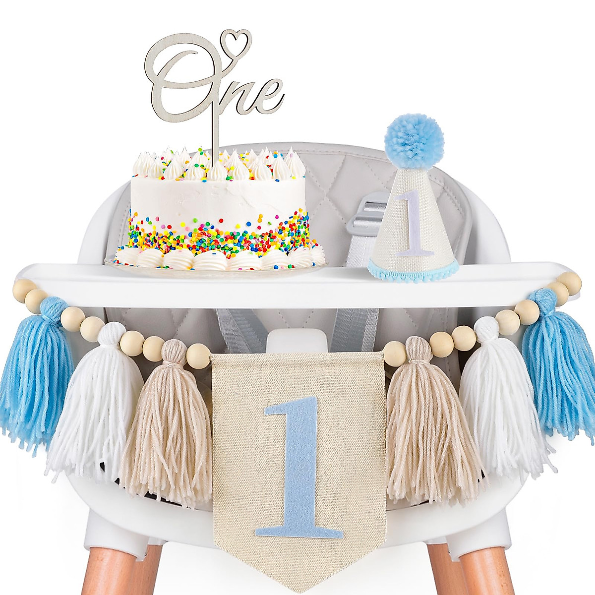 Lucky one First Birthday Decorations Banner for Boy, Cute Birthday Decorations Handmade High Chair Banner, Cake Topper Party Decor Baby Boy 1st Birthday Party Supplies