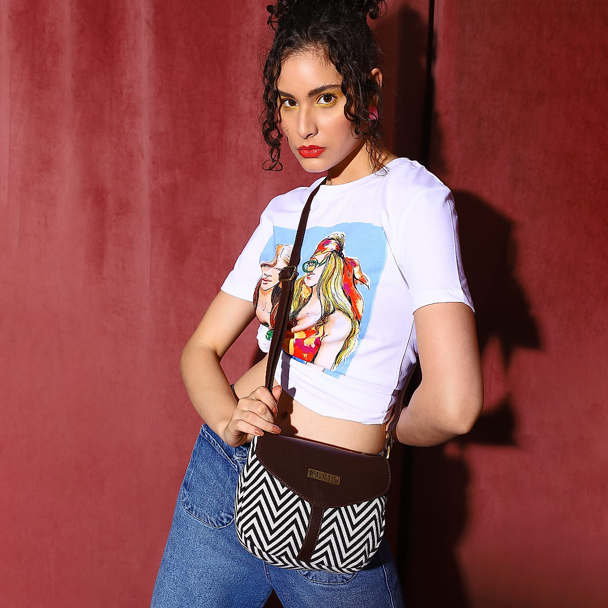 KLEIO Women's Pu Leather Jacquard Crossbody Side Sling Handbag Black