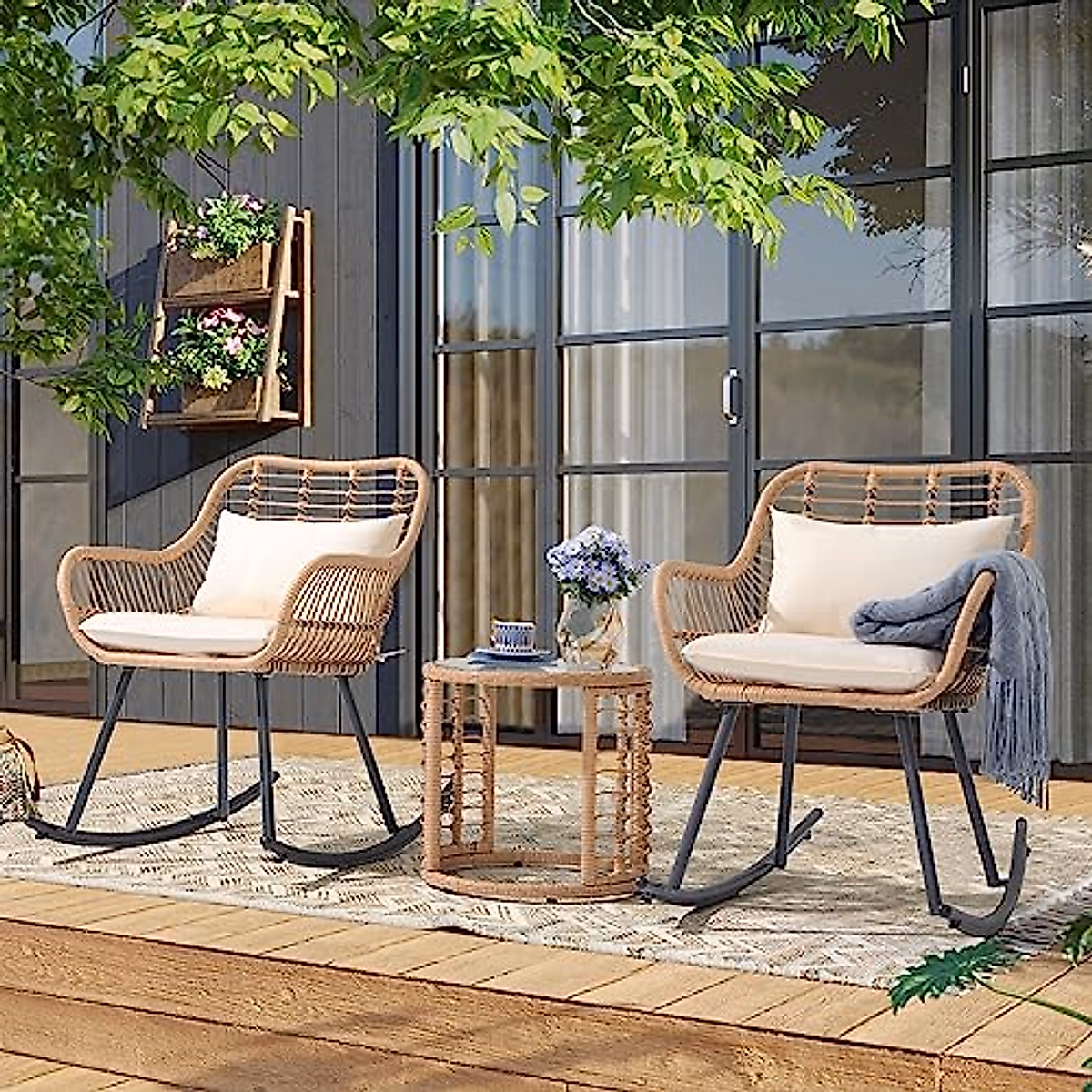 JOIVI Outdoor Furniture Rocking Chairs Set, 3 Piece Wicker Patio Rocking Chairs and Side Table Set, Outdoor Bistro Conversation Set for Porch, Balcony, Poolside, Yard, White Cushions