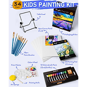 Nicpro Acrylic Paint Canvas Set for Adult & Kid, 34PCS Art Painting Supplies Kit,12 Colors Acrylic Paint,Table Easel,6 Canvas Panels,10 Brushes,Paper Pad,Sponge,Color Wheel,Palette for Artist Beginner