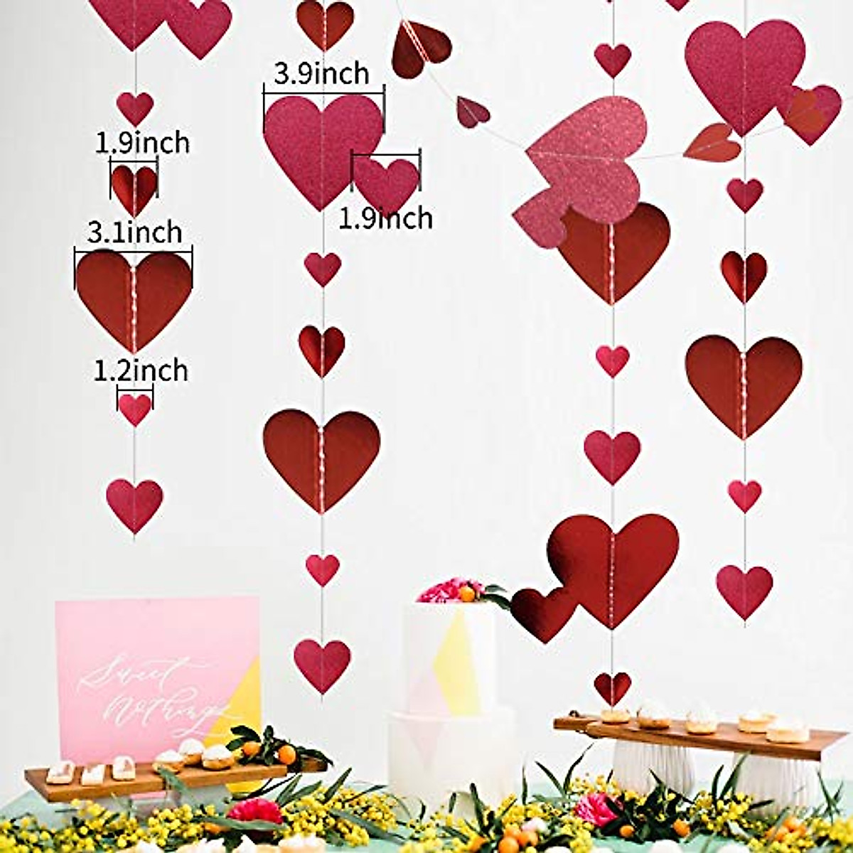 BEISHIDA 66 Ft Red Love Heart Garland Hanging Double Sided Glitter Metallic Paper Streamer Banner for Valentine's Day Decoration Anniversary Bachelorette Engagement Wedding Bridal Party 5 Packs