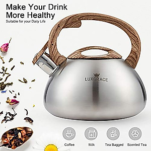 Teapot Whistling Tea Kettle with Wood Pattern Handle Loud Whistle,Food Grade Stainless Steel Tea Pot for Stovetops Water Kettle(Silver-RW)