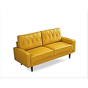 Container Furniture Direct Modern Style Faux Leather Sofa with Elegant Round Tapered Legs and Button Tufted Backrest Perfect for Living Room, Bedroom or Home Office, 69.3’’ Wide, Musterd Yellow