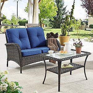 Belord Outdoor Wicker Loveseat with Coffee Table, Patio Loveseat Sofa 2 Piece Outdoor Wicker Furniture Set for Patio Porch Deck Balcony Brown/Blue