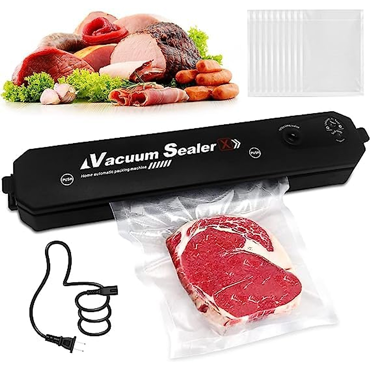 Vacuum Sealer Machine - Food Vacuum Sealer Automatic Air Sealing System for Food Storage Dry and Moist Food Modes with 10Pcs Seal Bags Starter Kit (Black)
