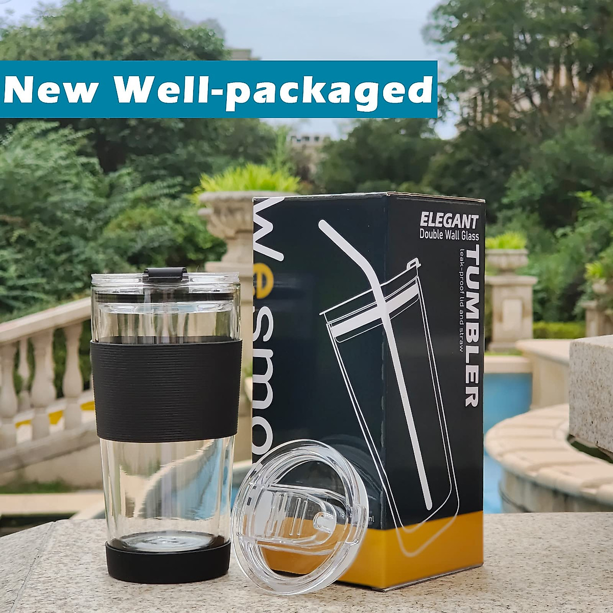 18 oz Double Wall Glass Coffee Tumbler with Leak-proof Lid, Borosilicate Glass Travel Mug, To Go Clear Reusable Tea Cup, BPA-free, Microwave Safe (Green)