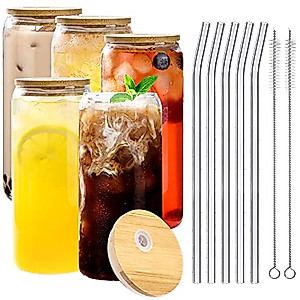 Moretoes 5 Pack 20oz Glass with Bamboo Lids and Glass Straw, Reusable Drinking Glasses Cups for Home Travel Office Coffee Tea Boba Juice Ice-cream