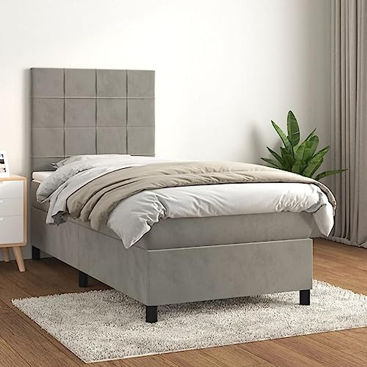 vidaXL Bed Frame, Box Spring Bed Single Platform Bed with Mattress, Bed Frame Mattress Foundation with Headboard for Bedroom, Light Gray Twin Velvet