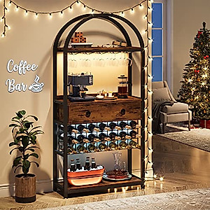 Tribesigns Wine Rack Cabinet Tall Freestanding Floor Liquor Cabinet with Glasses Holder and 1 Drawer, Industrial 21-Bottle Metal and Wood Wine Rack Table for Home Bar, Kitchen, Dining, Rustic Brown
