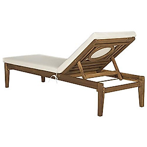 SAFAVIEH Outdoor Collection Montclair Natural Solid Wood/Beige Cushion Adjustable Chaise Lounge Chair (PAT6731A)