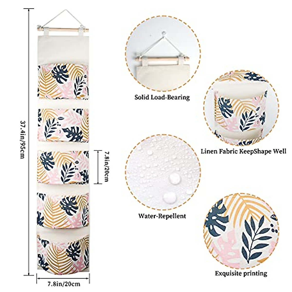 SMFANLIN 2Pcs Over The Door Storage Hanging Bag, Premium Linen Fabric Wall Hanging Storage Organizer with 5 Pockets, Waterproof Hanging Shelves Pocket for Wall Bedroom Bathroom