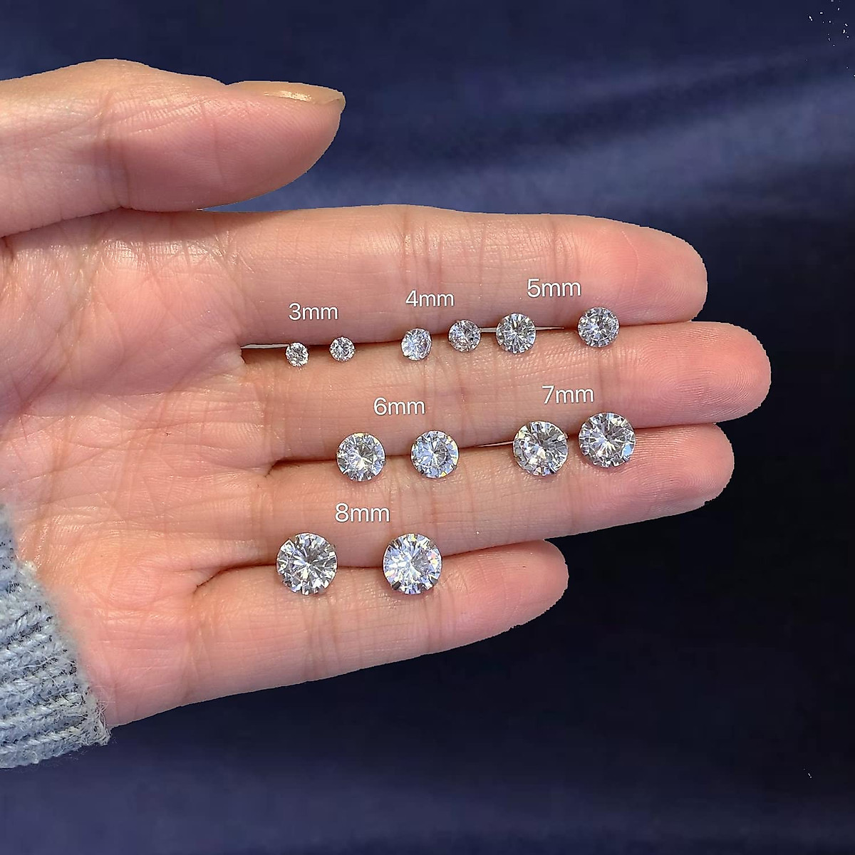 3 Pairs 925 Sterling Silver Cubic Zirconia Stud Earrings 6mm-7mm-8mm Set Men Women