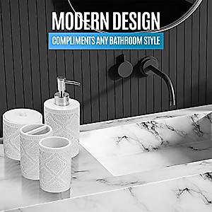 Kralix 4 Piece White Bathroom Accessories Set, Modern White Soap Dispenser Set, White Toothbrush Holder Set, Tumbler and Qtip Holder, Embossed White Bathroom Decor Accessory Set, Accesorios para Baño