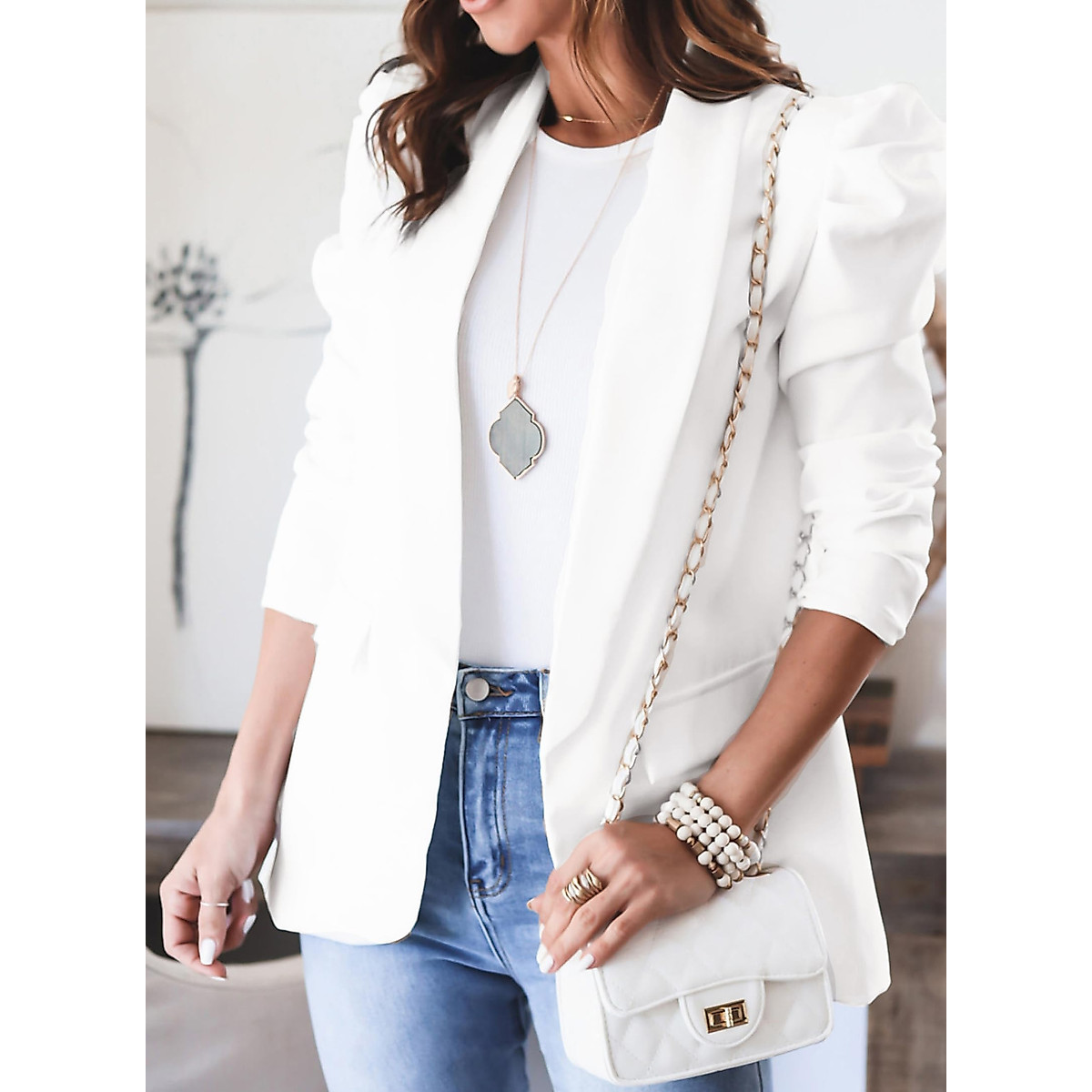 KIRUNDO Women's 2025 Spring Fall Casual Blazers Puff Sleeve Lapel Open Front Work Suit Office Blazer Jackets with Pockets (White, XX-Large)