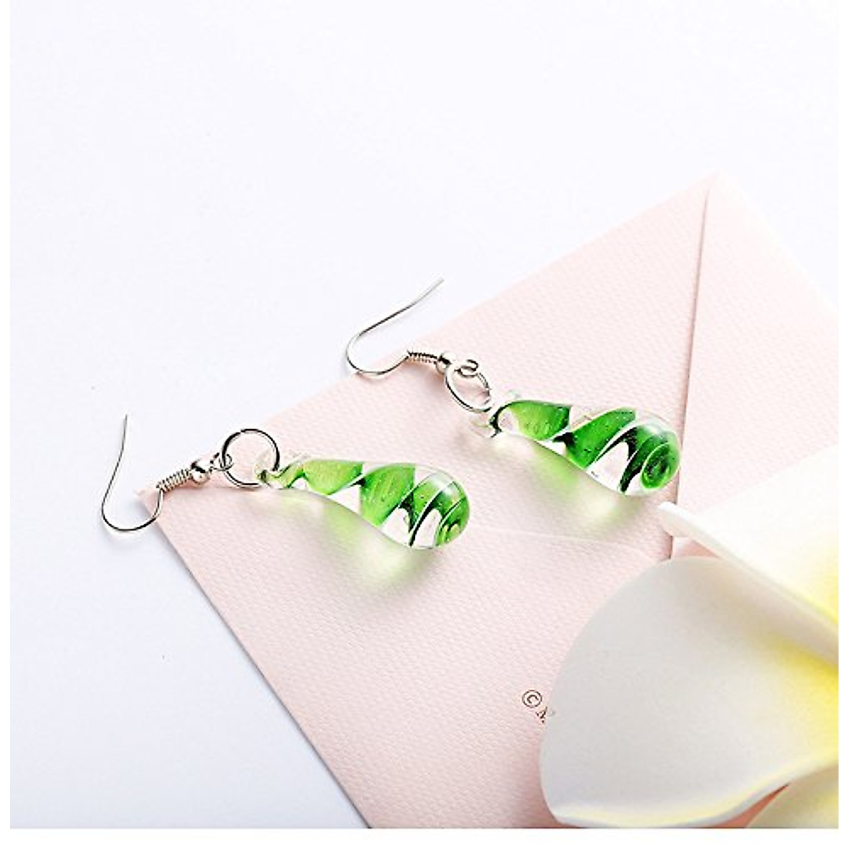 Glass Water Drop Shape Glaze Spiral Dangle Earrings Lampwork Handmade Glass Bead Geometric Earrings for Women Jewelry-Green