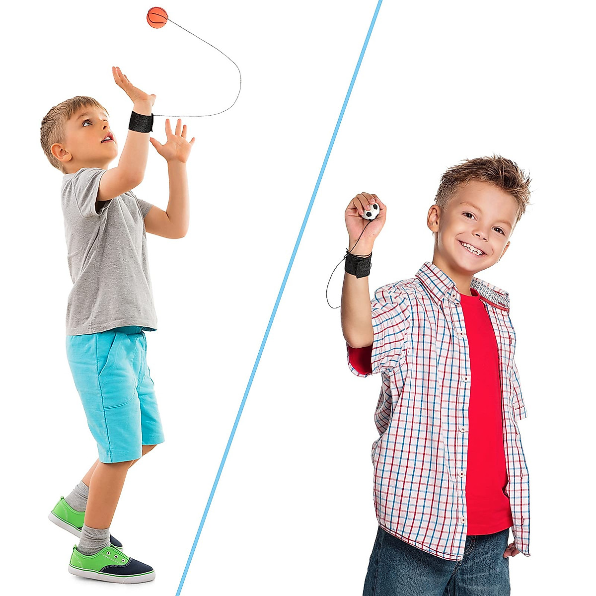 Skylety 6 Pieces 1.85 Inch Wrist Return Ball Sports Wrist Ball Includes Basketball, Baseball and Football on a String Rubber Rebound Ball Wristband Toy for Children Kids Party Favor, Exercise or Play