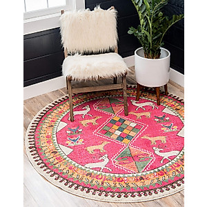 Unique Loom Sedona Collection Southwestern, Border, Over-Dyed, Animals, Tribal, Abstract Area Rug, 6 Feet, Pink/Beige