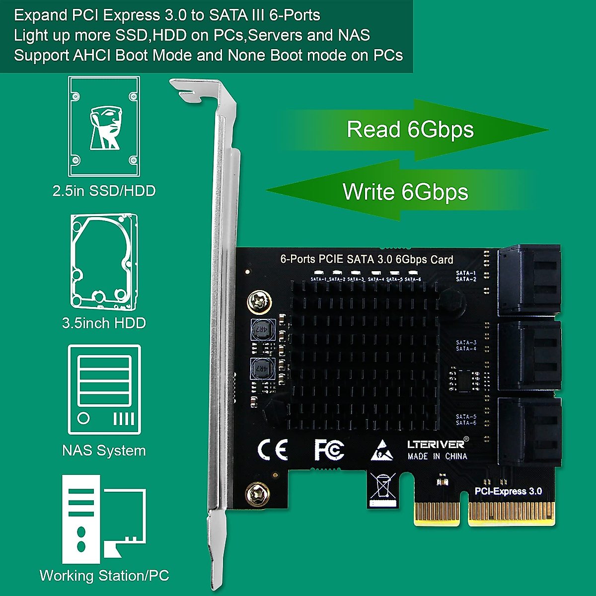 LTERIVER PCI Express X4 to 6-Ports Serial ATA/SATA 3.0 Host Controller Card- Plug and Play on Windows OS, MAC OS and Linux Systems-6X 6Gbps Max SATA 3.0 None Raid Ports-Support AHCI Boot Up (PCE-G2S6)