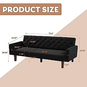 Fangflower Black Tufted Back Sofa Bed Mid-Century Convertible Sleeper Futon with Tapered Wood Legs for Living Room Apartment Lounge