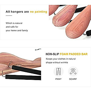 TOPIA HANGER Unfinished American Red Cedar Wood Coat Suit Hangers, Luxury Wooden Jacket Clothes Hangers, Wide Shoulder with Black Padded Pant Bar- 360°Flexible Hook, 4 Pack- Natural- CT07W