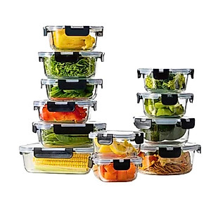24-Pcs glass food containers set(12 Airtight, Freezer and Microwave Safe Food Storage Containers and 12 Lids), Glass Meal Prep Containers,BPA-free. Microwave,freezer,oven and Dishwasher safe.