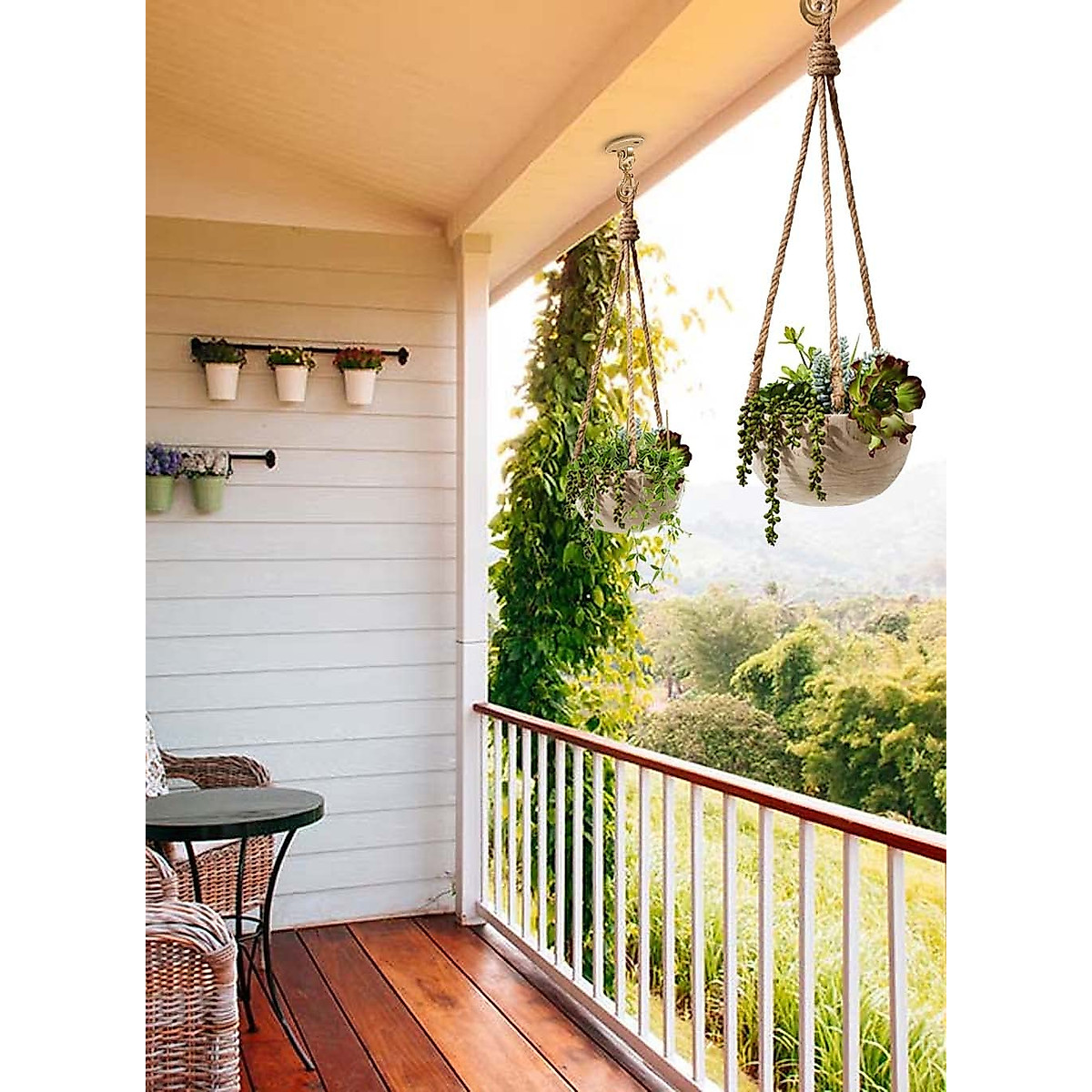 Serene Spaces Living Paulownia Hanging Wood Bowl with Jute Rope, Hanging Faux Succulent and Artificial Plants, Ideal for Home, Garden, Office Decor, Measures 4.5" Tall and 9.25" Diameter