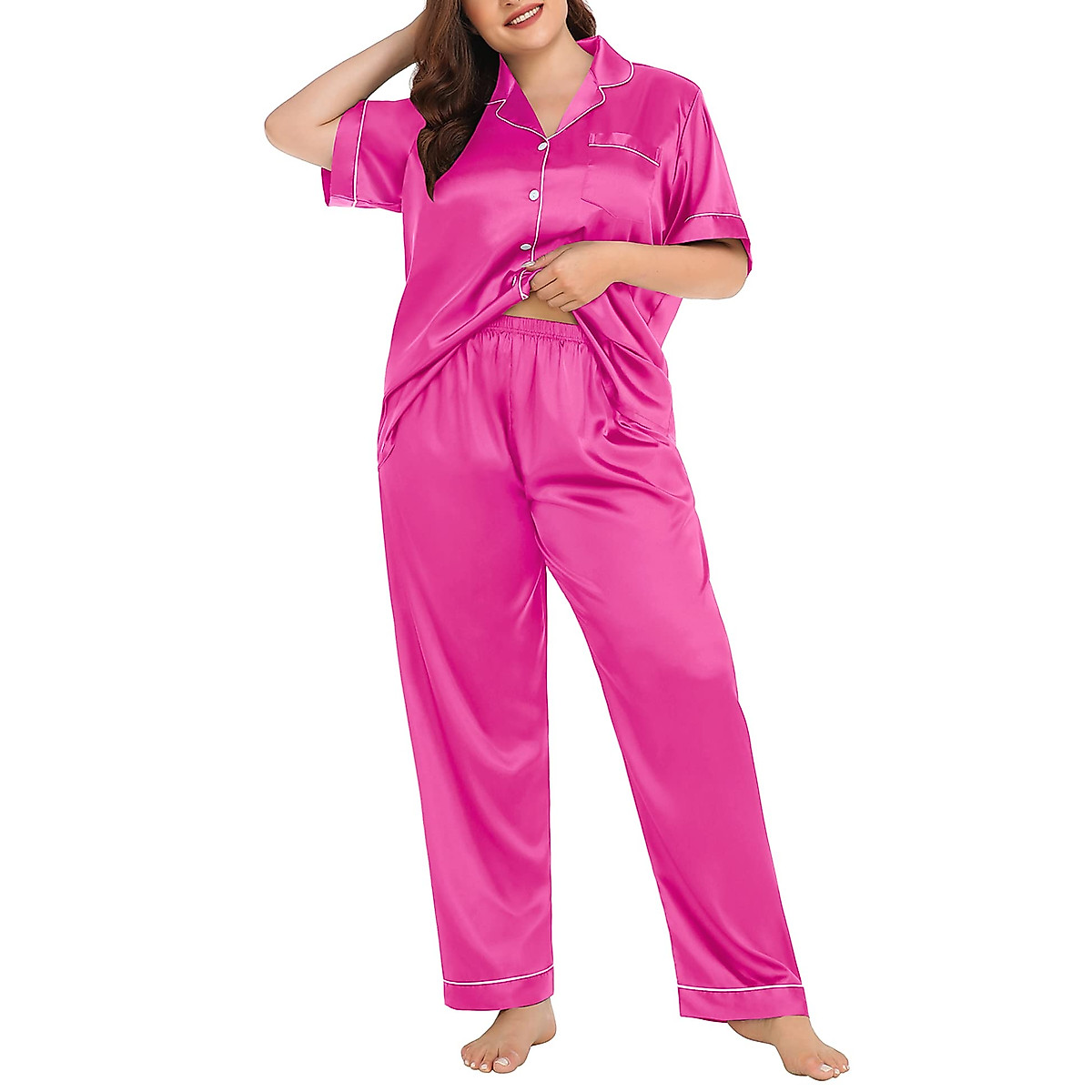 SWOMOG Satin Pjs for Women Plus Size Pj Set Summer Pajamas Smooth and Soft Pajama Set Comfy Nightwear 24W Rose Red