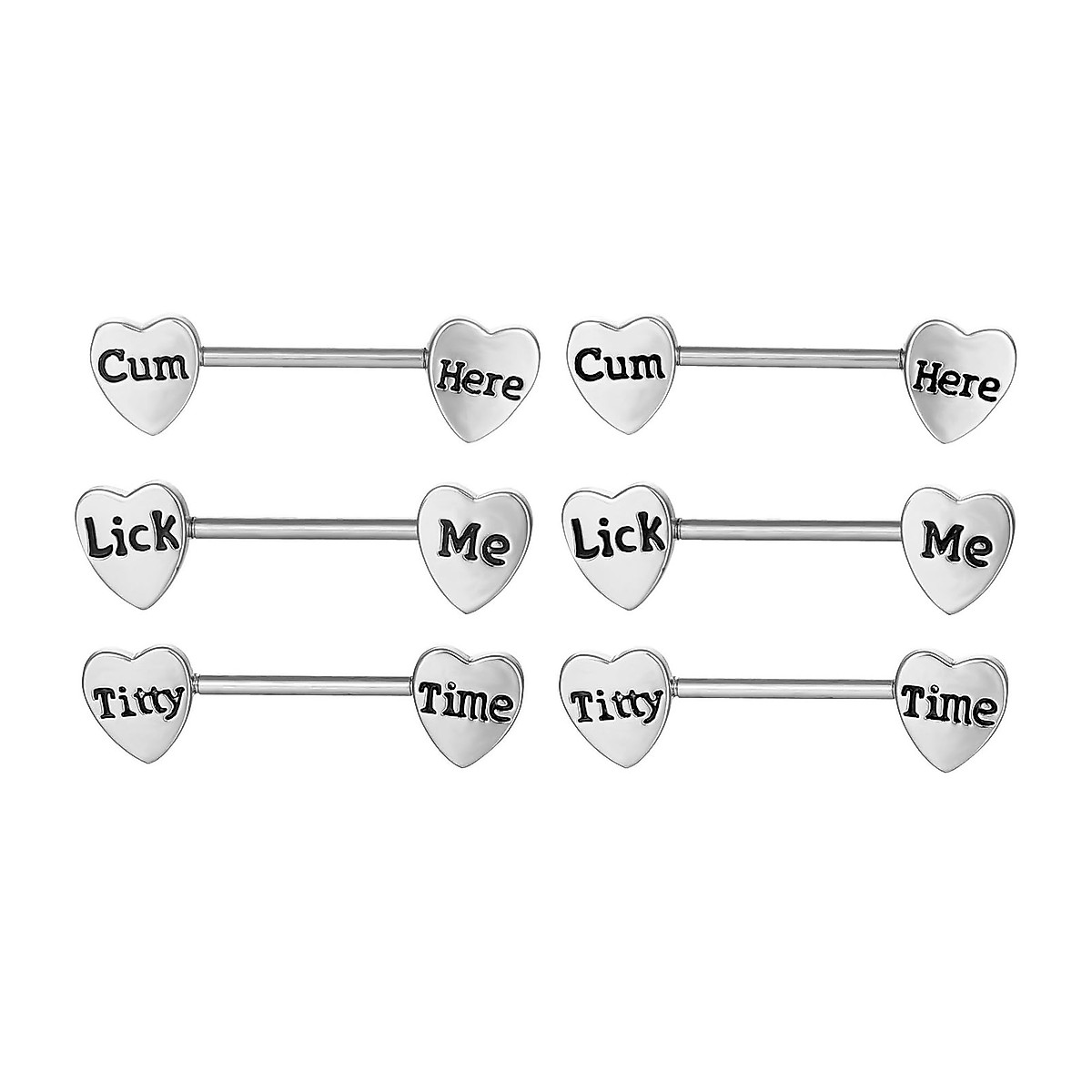 14G Stainless Steel Nipple Rings Silver Heart Shaped Cum Here Lick Me Letter Straight Barbell Bars Tongue Ring 16mm(5/8 Inch) Body Piercing Jewelry