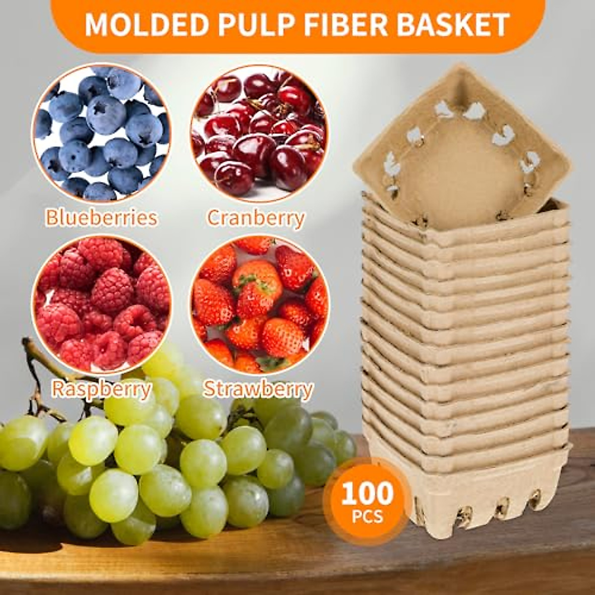 Tobeelec 100 Pcs Pulp Fiber Berry Basket, Products Berry Baskets, Molded Pulp Fiber Vented Produce Basket for Packaging Fruits and Veggies, Small Farmer Market Produce Basket Containers