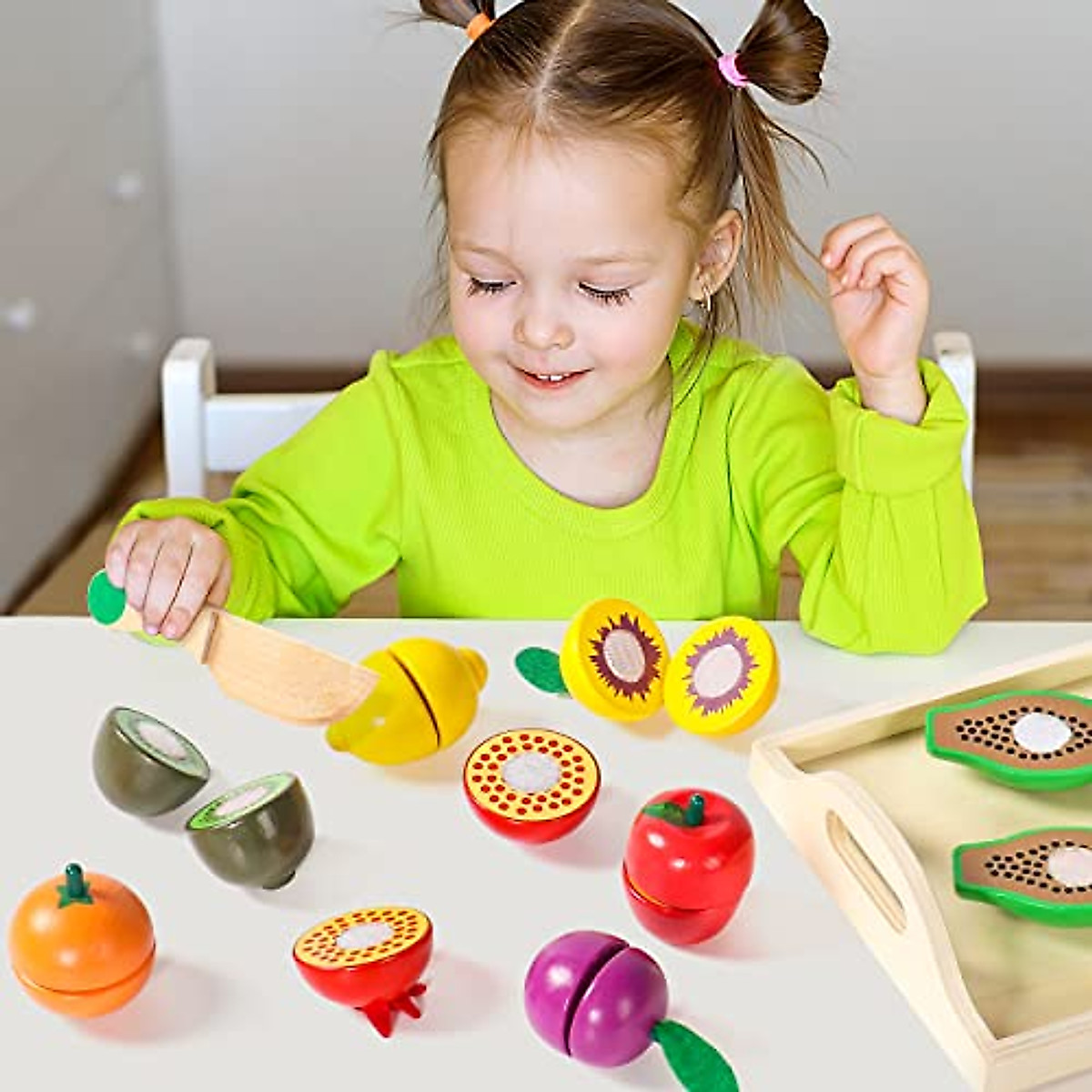 Wooden Play Food Sets for Kids Kitchen Accessories Cutting Montessori Toys for 2 Year Old Toddlers Pretend Play Fake Fruit Vegetable Egg Fillers Birthday Easter Gifts for 3 4 Years Girls Boys