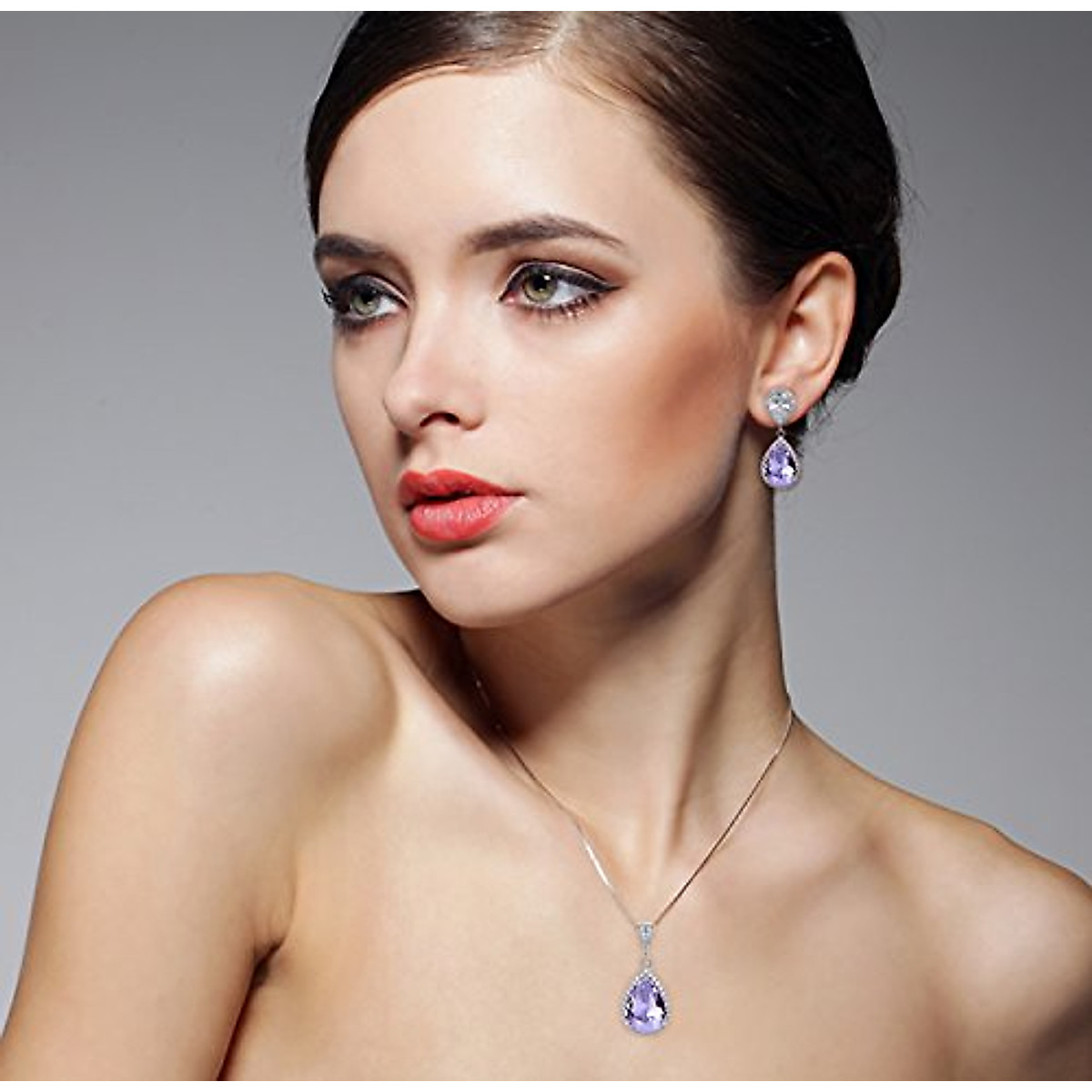 AMYJANE Wedding Jewelry Set for Bride - Sterling Silver Teardrop Amethyst Purple Cubic Zirconia Crystal Rhinestone Necklace Earrings Set Bridal Jewelry Set for Bridesmaids February Birthstone Jewelry