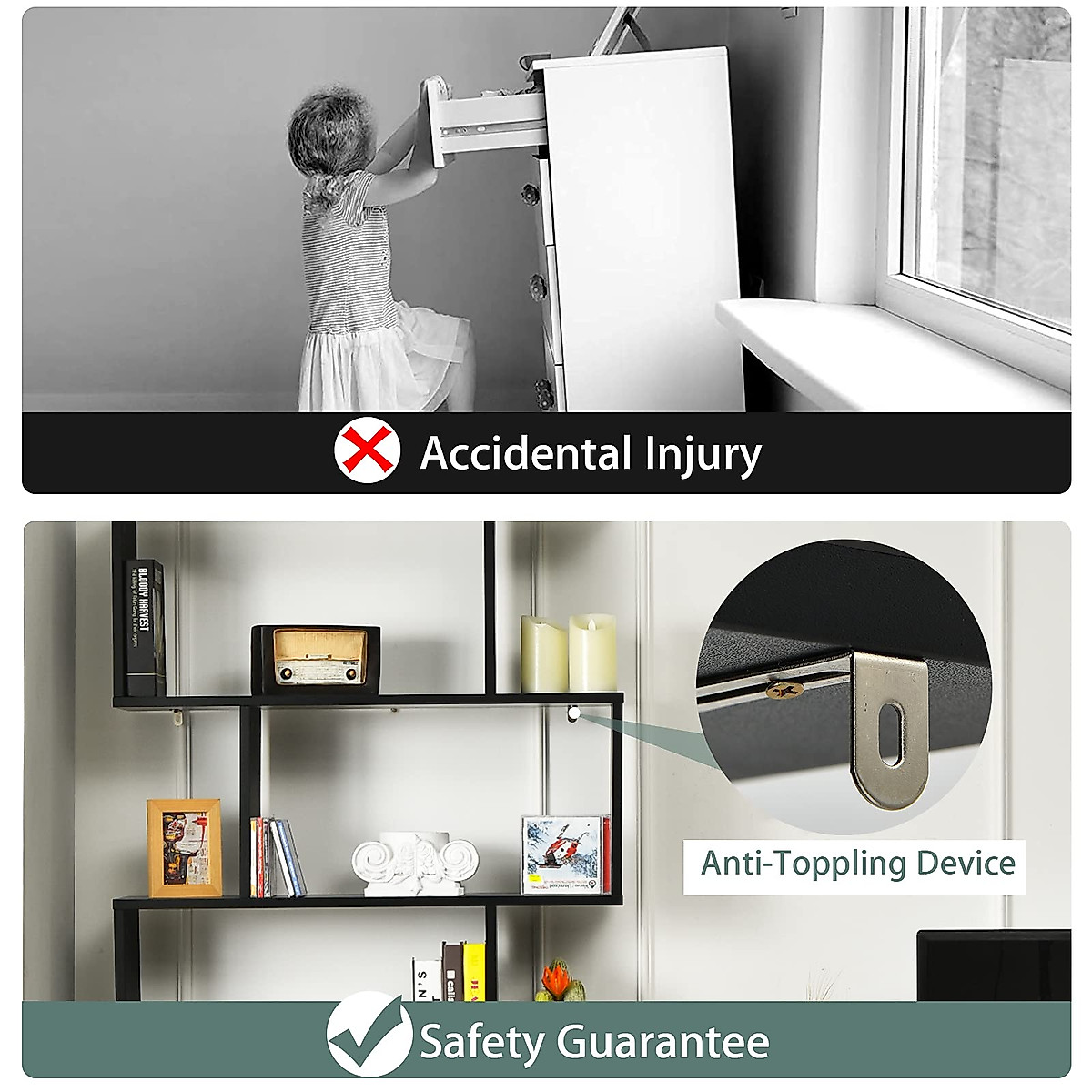 IFANNY 6 Tier Bookshelf, S Shaped Bookcase w/Staggered Storage Shelves, Display Shelf and Room Divider, Librero para Habitacion, Book Shelf for Bedroom, Living Room, Home Office (Black)