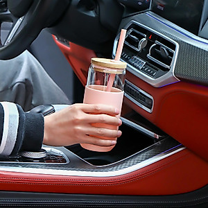 VITEVER 20 OZ Glass Cups with Bamboo Lids and Straws - Beer Can Drinking Glasses with Silicone Protective Sleeve Set, Iced Coffee Glasses, Cute Tumbler Cup for Water, Tea, Gift - Pink, Amber