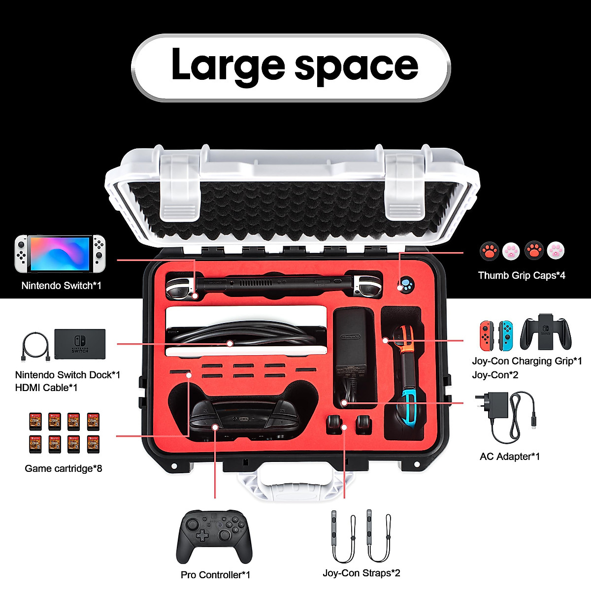 DEVASO Carrying Case for Nintendo Switch Travel Case, Professional Deluxe Waterproof Case Soft Lining Hard Case for Nintendo Switch OLED Model Console Pro Controller & Accessories (Black&White)