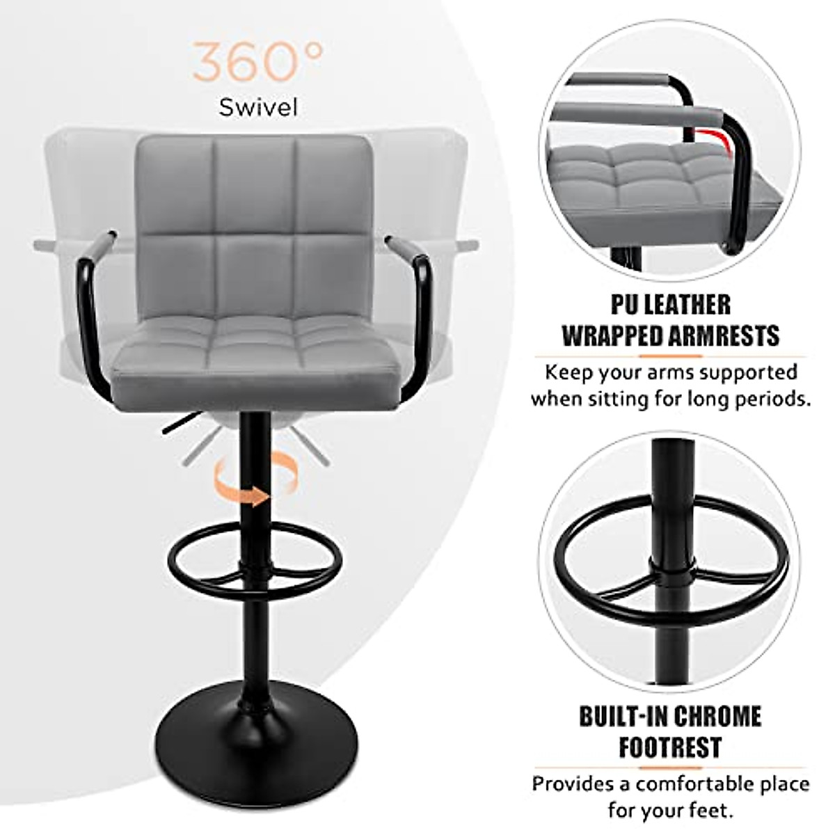 Huracan Adjustable Barstool with Armrest Swivel Bar Stools Set of 2 Counter Height Modern Bar Stool with Back Pu Leather Square Kitchen Island Barstools - Light Grey Base,2pcs