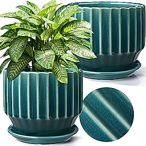 AISBUGUR Plant Pots 6 inch Ceramic Pots for Indoor Plants Set of 2 Flower Pots Unique Crackle Glaze Design Plant Pots with Drainage Hole and Saucer Come with Drainage Nets (Aqua Green)
