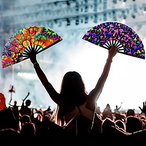 BBTO 4 Pcs UV Glow Large Folding Hand Rave Fan for Men Women Chinese Japanese Bamboo Folding Clack Hand Fan for EDM Music Festival Club Party Dance Performance Gift, 4 Styles, 25"(Fresh)