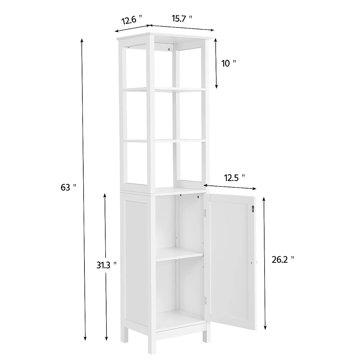 Yaheetech Bathroom Floor Cabinet, Wooden Tall Freestanding Cabinet with 3 Tier Shelves and Door Organizer, Elegant Linen Tower Rack Stand for Living Room, 63 in Height, White