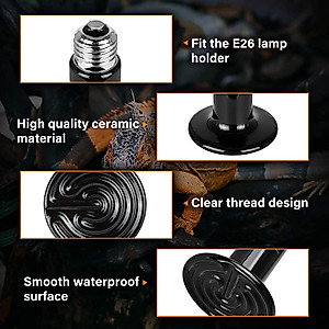 Simple Deluxe 25W/40W/50W/60W/100W/150W Ceramic Heat Emitter Reptile Heat Lamp Bulb No Light Emitting Brooder Coop Heater for Amphibian Pet & Incubating Chicken, Black/1-Pack, 25W
