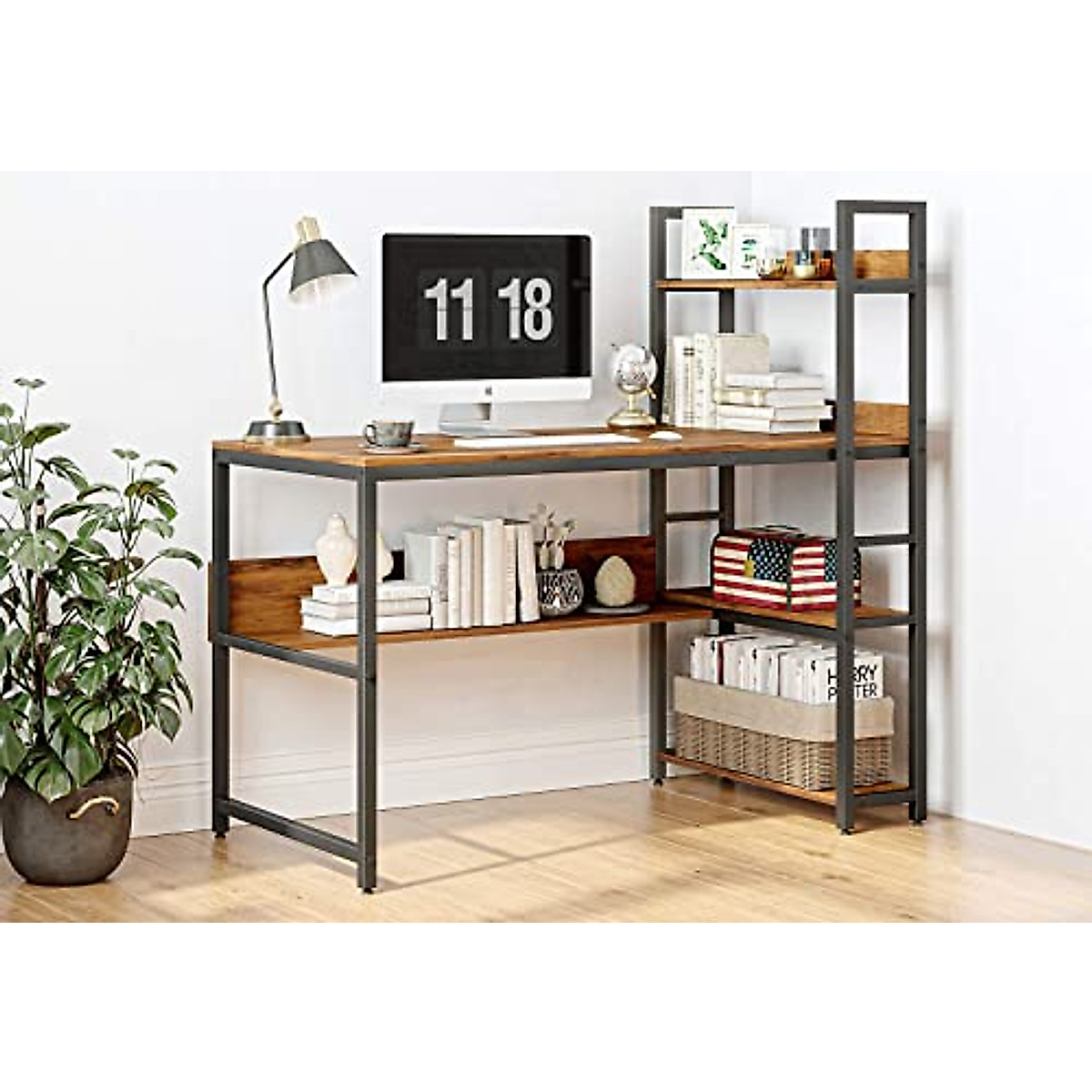 Cubiker Computer Desk 47 inch with Storage Shelves, Home Office Desk, Study Writing Work Table, Modern Simple Style, Deep Brown