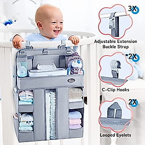 HHZ XL Hanging Diaper Caddy Organizer –Sturdy and Durable Baby Organizer – Diaper Stacker for Changing Table, Crib, Playard or Wall & Nursery Organization – Newborn Baby Essentials (Grey New)
