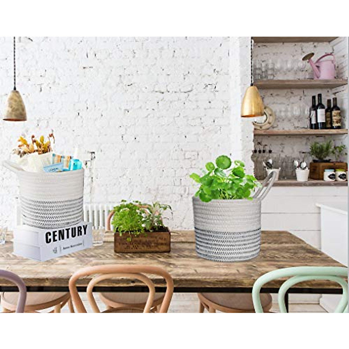 Wall Hanging Organizer Storage Basket with Free Wall Hooks,Small Cotton Rope Baskets for Baby Nursery and Home Décor,Set of 2