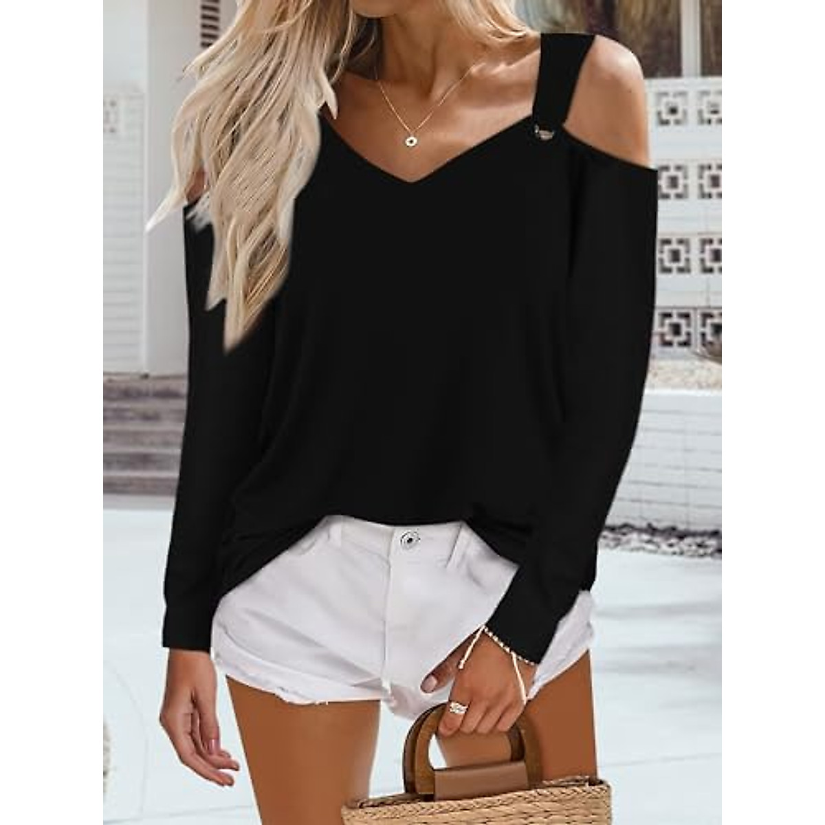 Bellcoco Womens Fashion Cold Shoulder Tops V Neck Black Blouse Tunic Shirts Summer Long Sleeve T Shirts