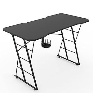 JOY worker Gaming Desk with LED Lights, 47 Inch Gamer Desk Carbon Fiber Desktop, Game Desk with Cup Holder, Home Office Gaming Room Workstation, Black