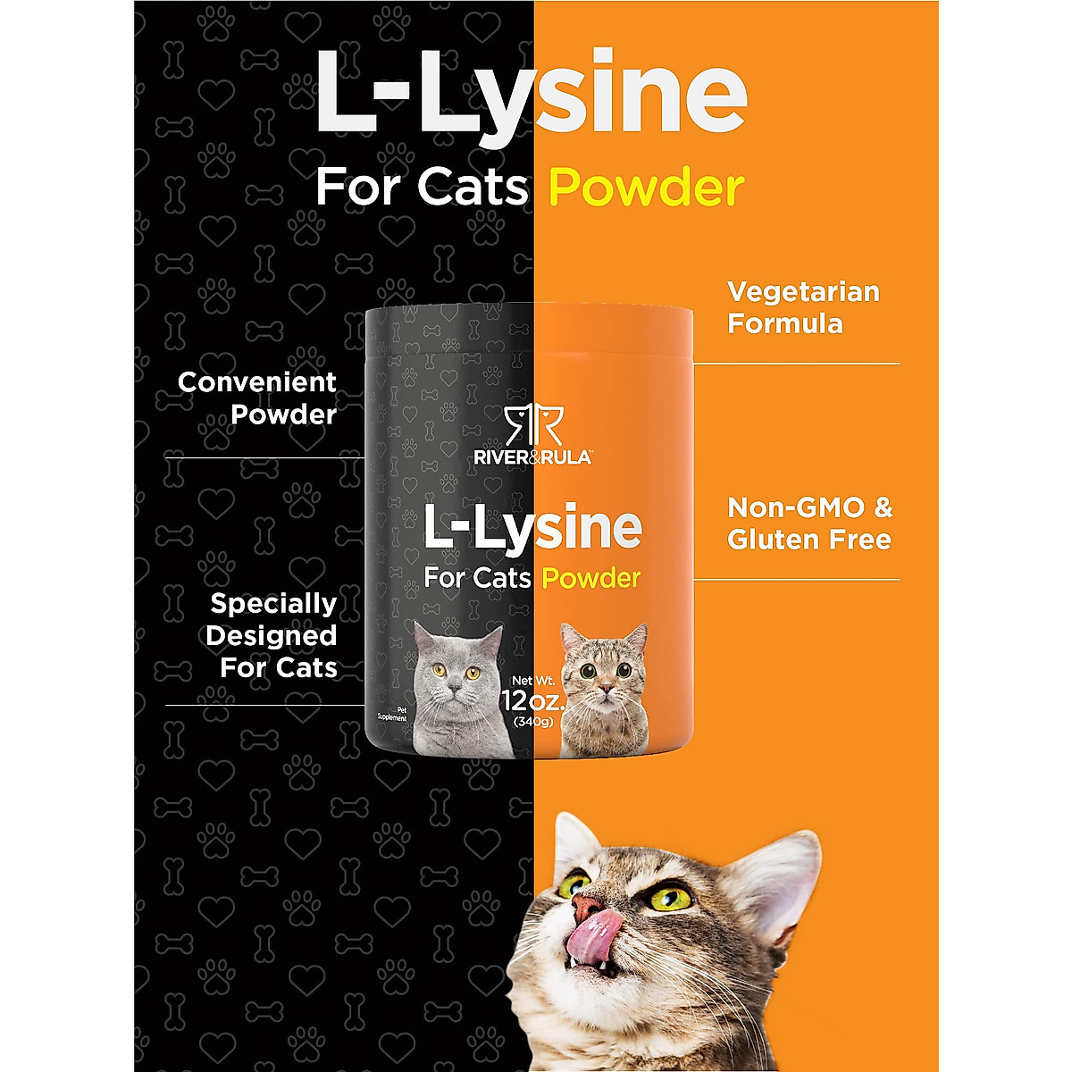Horbäach L-Lysine Powder for Cats 500mg | 12oz | Cat Health Supplement | Non-GMO, Vegetarian Formula | by River & RULA
