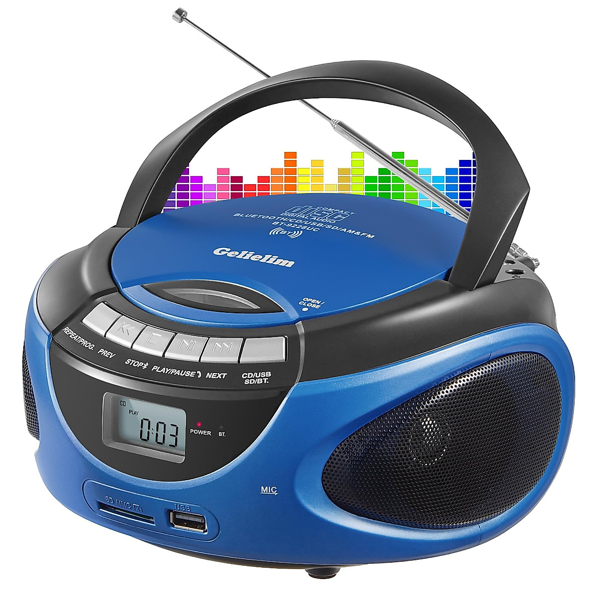 Gelielim Boombox CD Player, CD Players for Home with Bluetooth, AM FM Radio, Portable CD Boombox Support USB, SD, MMC Drive, LCD Display, Headphone Jack, AC/DC Powered, Gifts Idea for Elder-Blue
