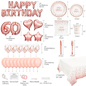 Crisky Rose Gold Foil 60 Fabulous Napkins Plates Cups Set for Women 60th Birthday Party Decorations Supplies, Disposable Tableware Set of 24 (9" Plates, 7" Plates, Luncheon Napkins, 9oz Cups)