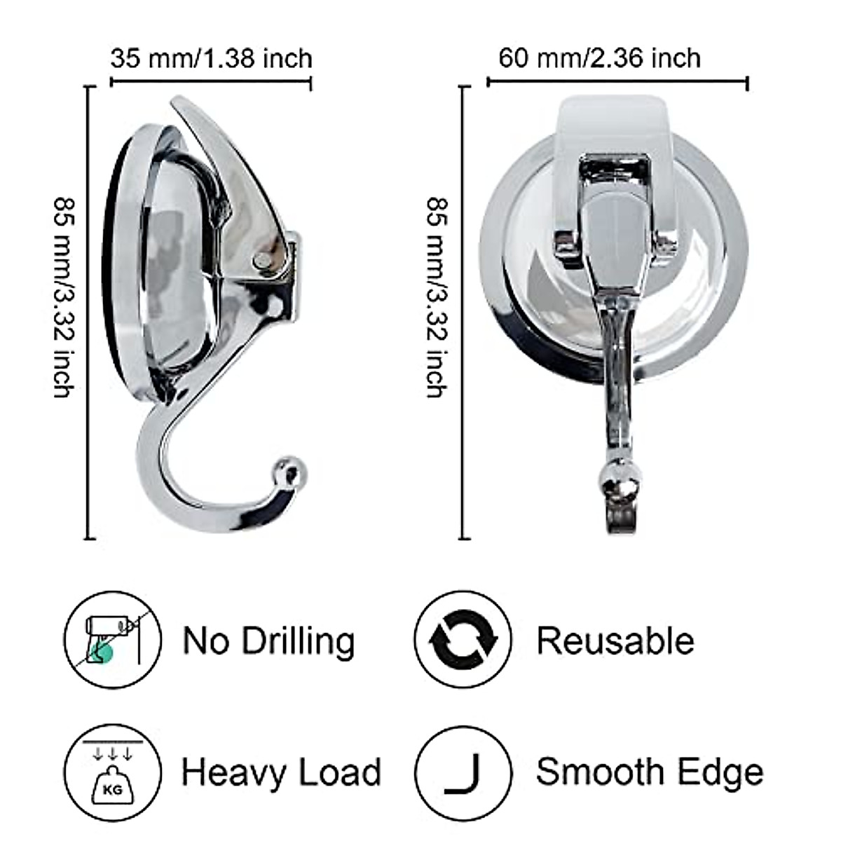 YSSILADI Suction Cup Hooks Heavy Duty Vacuum Suction Shower Hooks Glass Suction Cup Hooks Bathroom Robe Hooks Reusable, No Hole Punched, for Garland Decoration (Silver, 6 Pack)