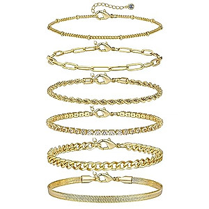 6Pcs Gold Chain Bracelet Sets for Women, 14K Gold Plated Bracelets for Girls, Jewelry Bracelets Set for Gifts, Cuba Paperclip Link Bracelets Set, Adjustable Bracelets with Rhinestone Pendant, 7.09'' and 1.9'' Extension
